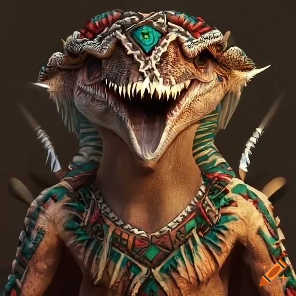 Velociraptor in tribal attire, 4k resolution