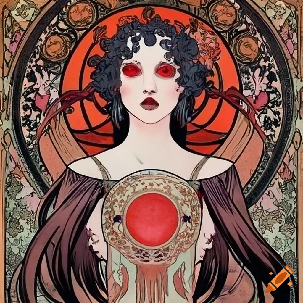 Stylized alphonse mucha drawing of a 1910s vampire with black hair and ...