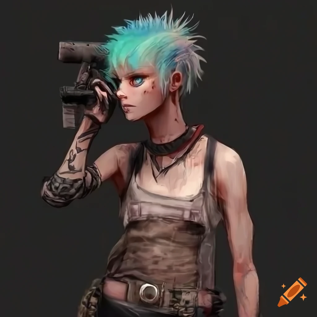 Punk, action pose, post apocalyptic, bright hopeful, realistic shading ...