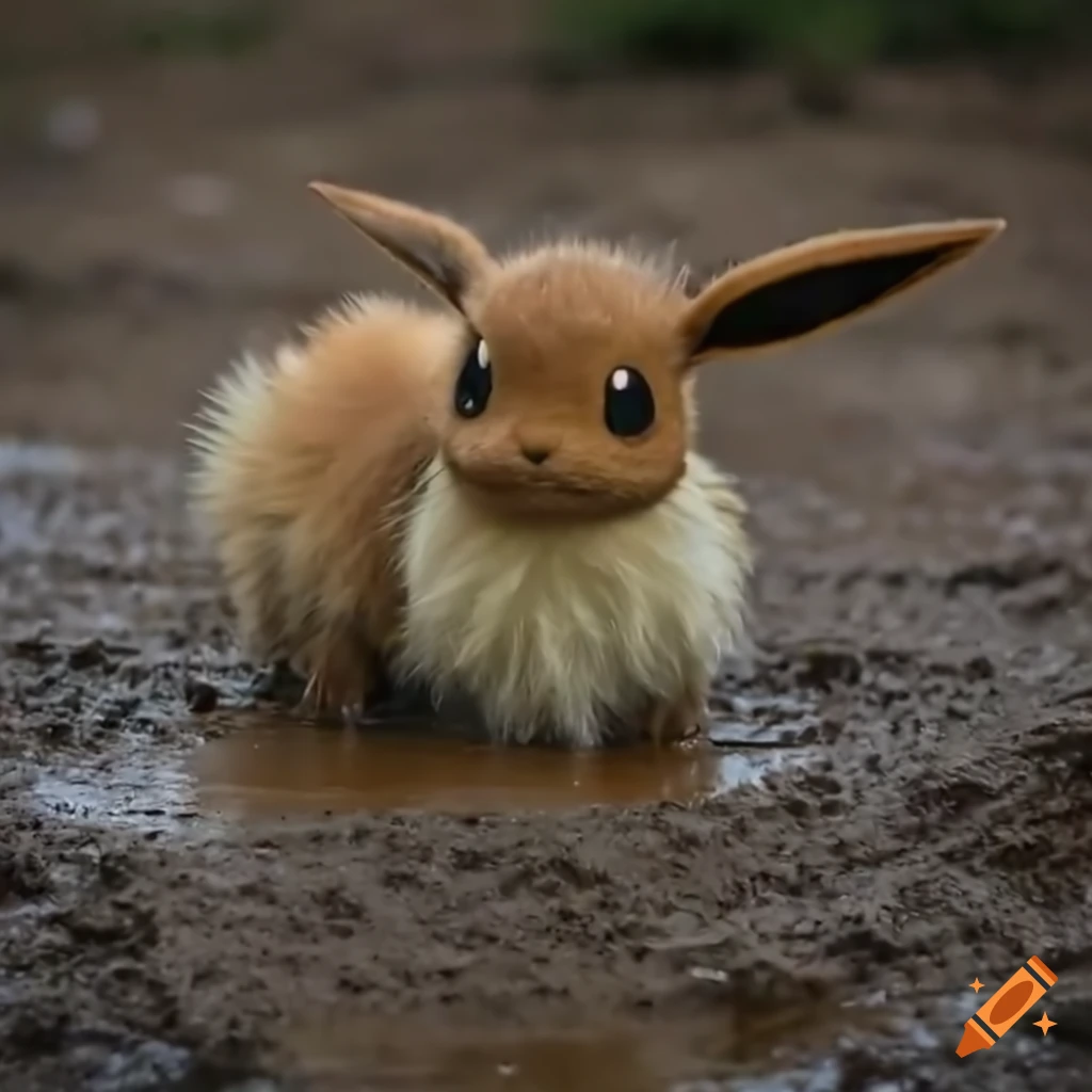 Real eevee playing in a muddy puddle, macro