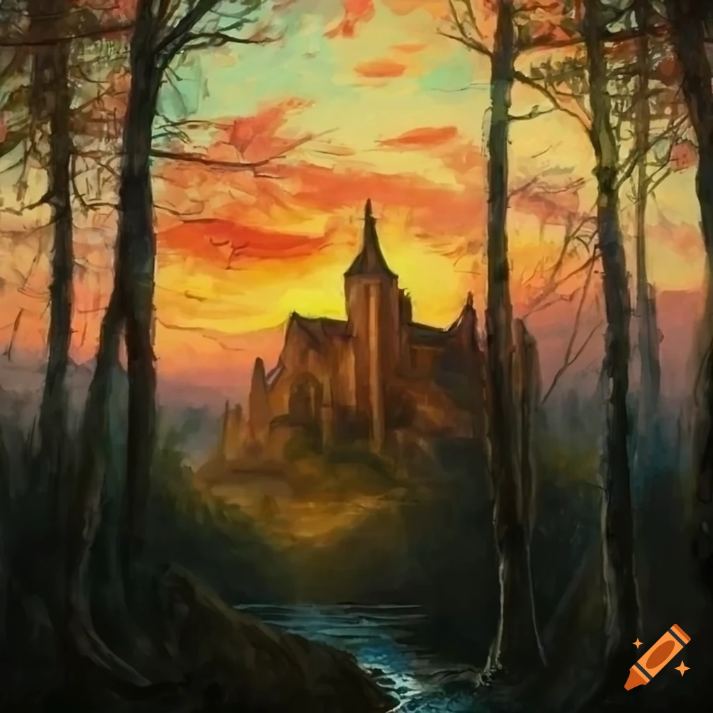 Painting of a sunset view of a detailed castle amidst trees
