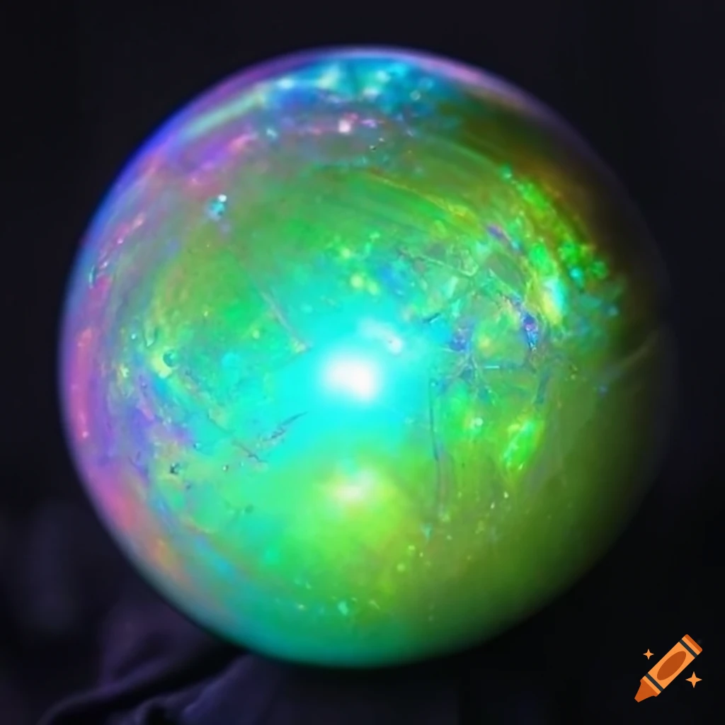 Iridescent green shimmering crystalline orb, narrow vertical black slit ...