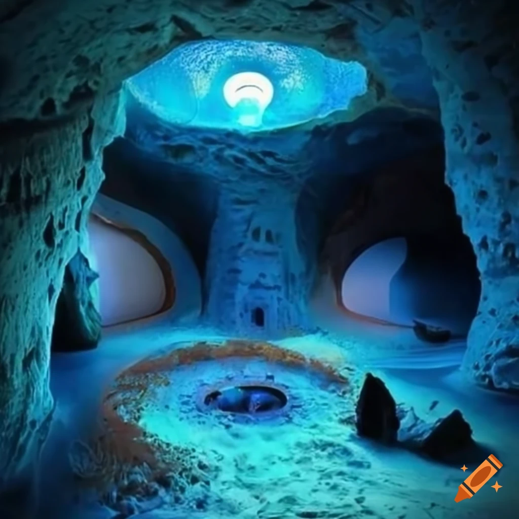 Underground cave futuristic dwelling heat lamps reptillian blue nest