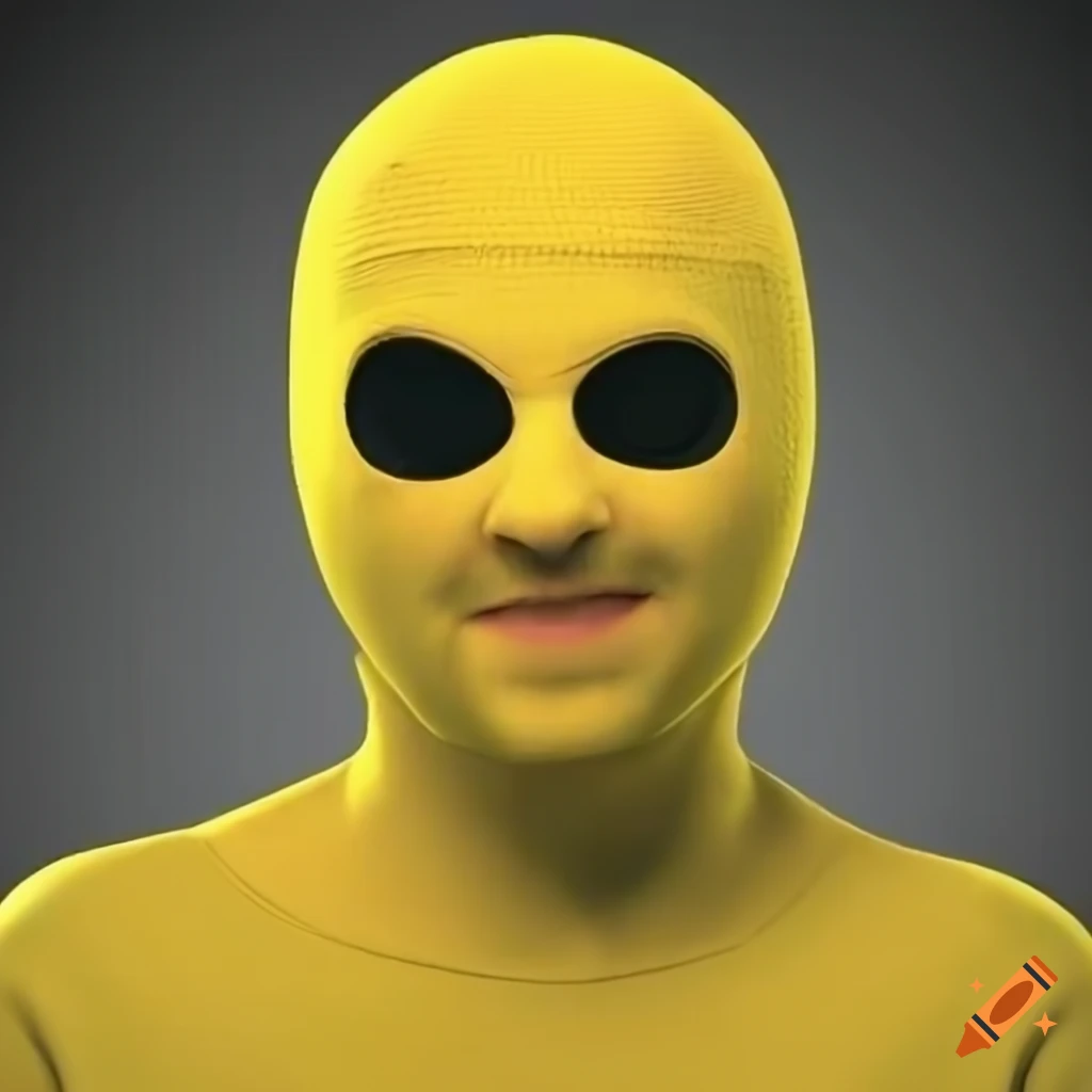 Man in yellow balaclava, real life, 3d, facing into the camera