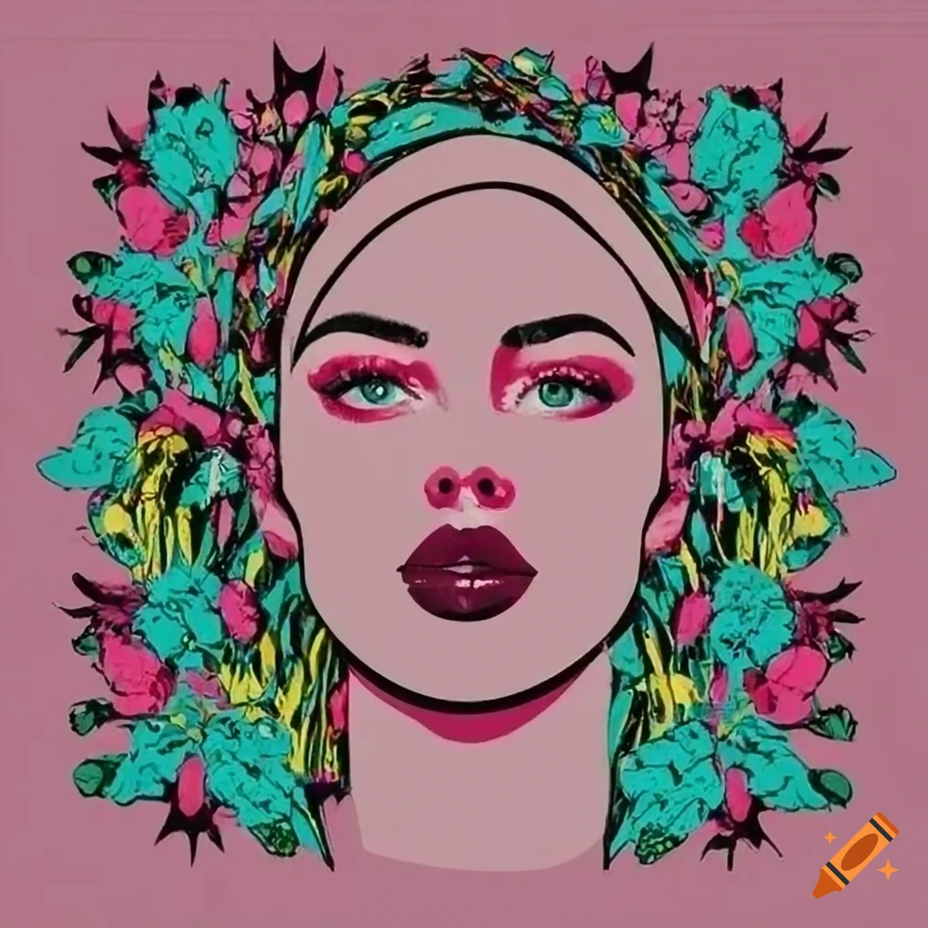 Pop art women face surrounded with flowers in pink tones