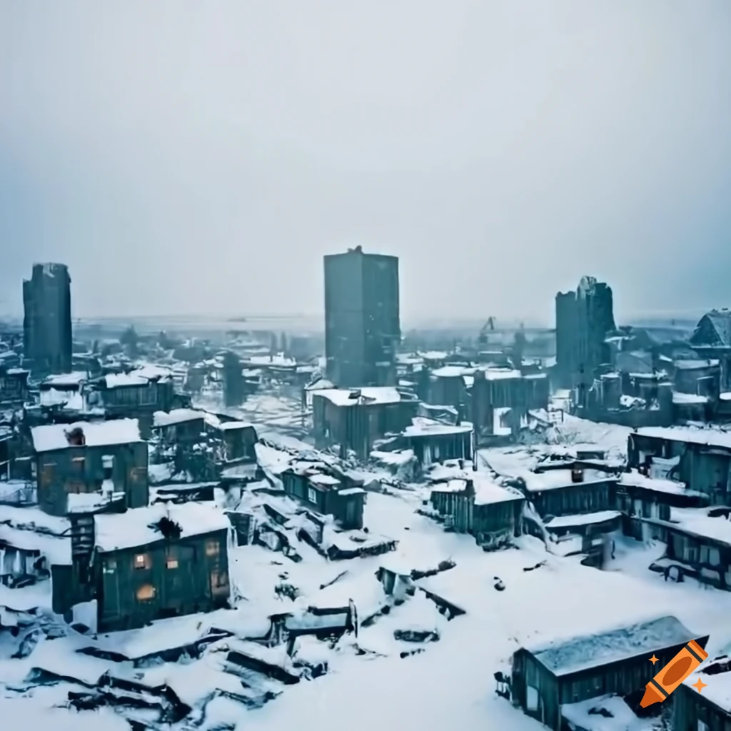 Post-apocalyptic town with scrap buildings in a snow environment viewed ...