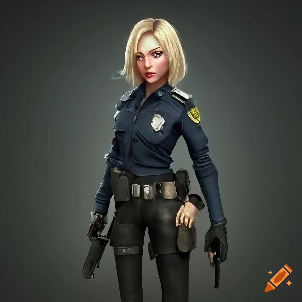 Photorealistic , policewoman, blonde bobcut hair, slim, pretty, age 26 ...