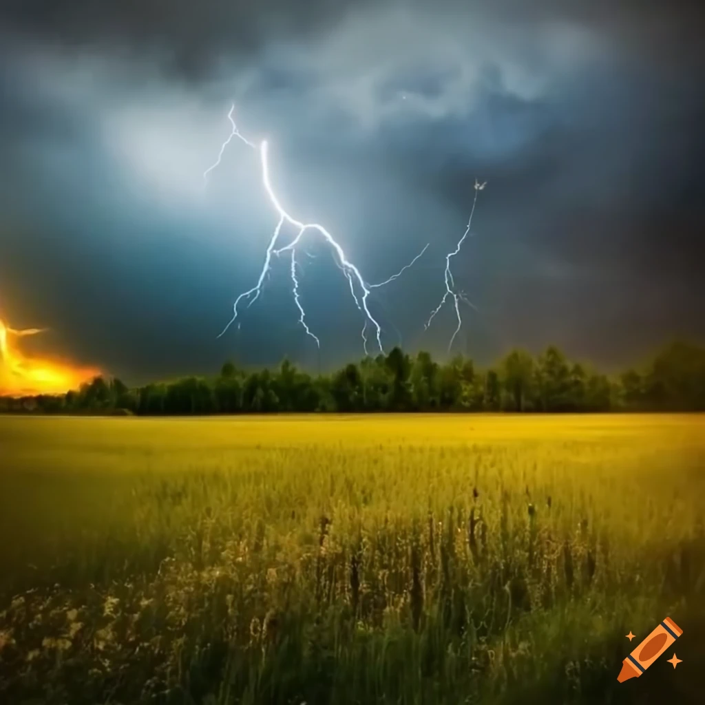 Scale with a lightning storm in one plate and a peaceful sunny meadow ...