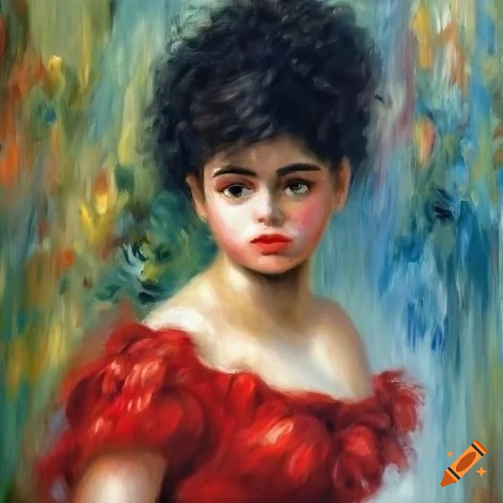 Black rich girl with red dress in renoir style oil painting