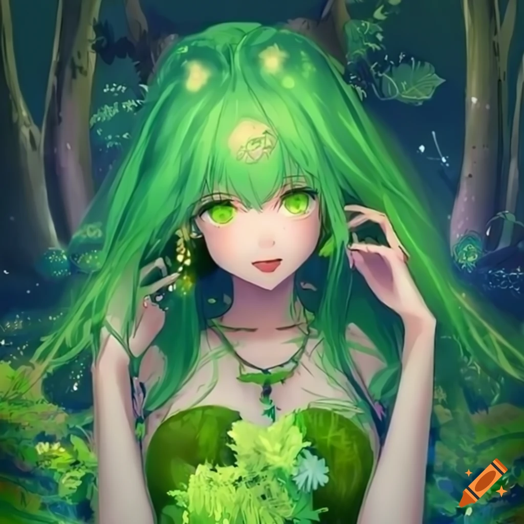 Anime Girl With Vibrant Lime Green Hair In Enchanted Forest on Craiyon
