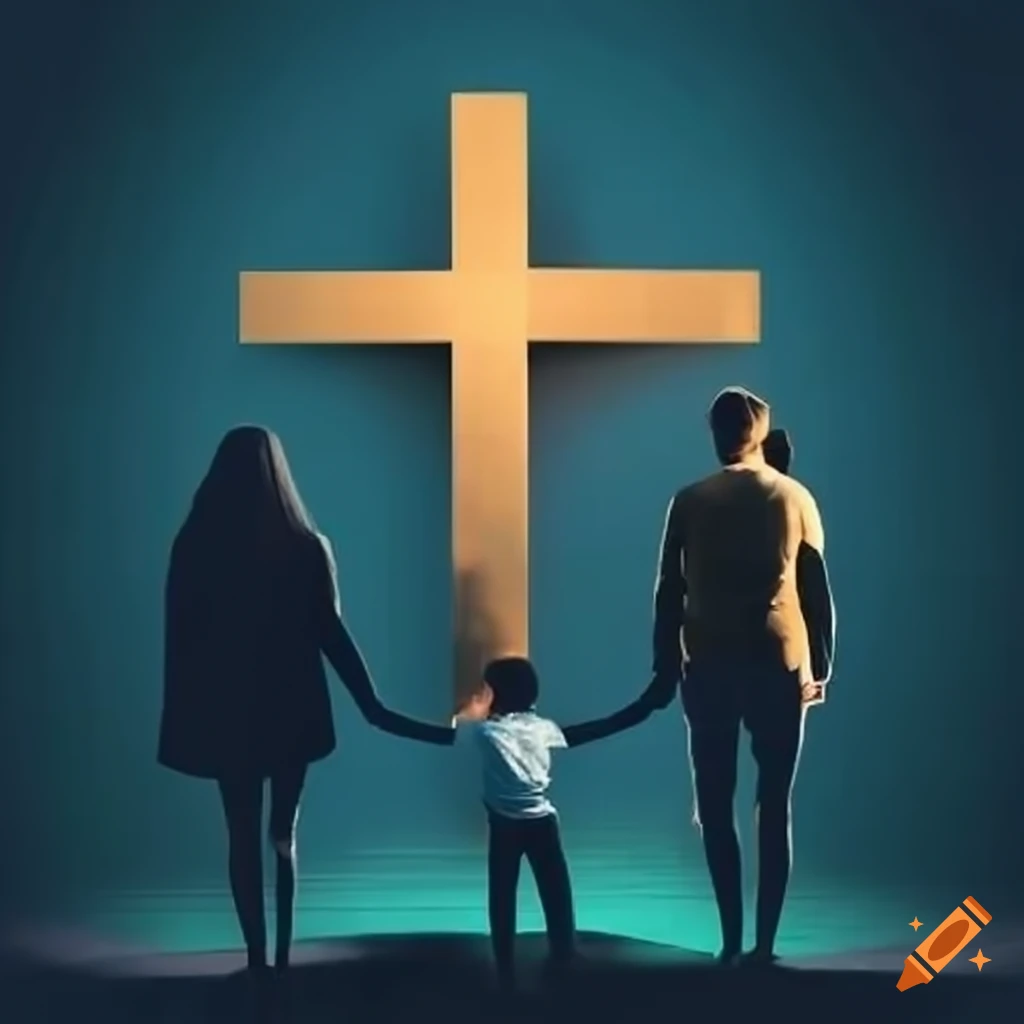 A family consisting of father mother and son holding hands in front of a large bright cross on ...