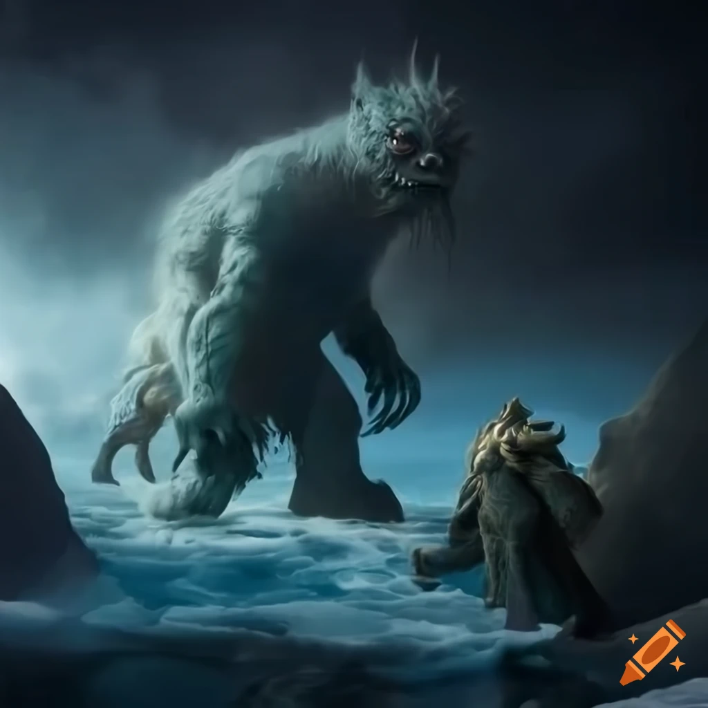 A fantasy troll influenced by Brom,sealed in ice, stormy ocean ...