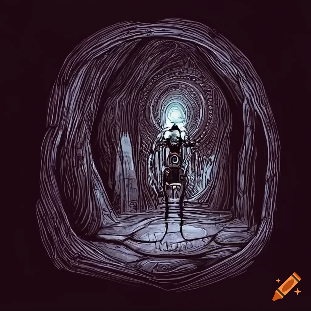 A sci-fi artwork of robot and alien in an underground cave
