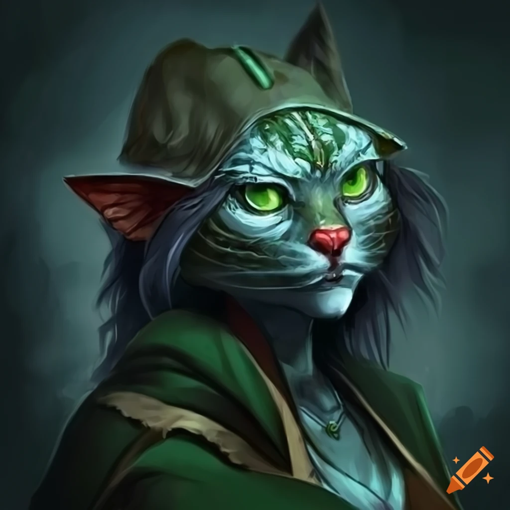 A black, green eyed, tabaxi vigilante on Craiyon