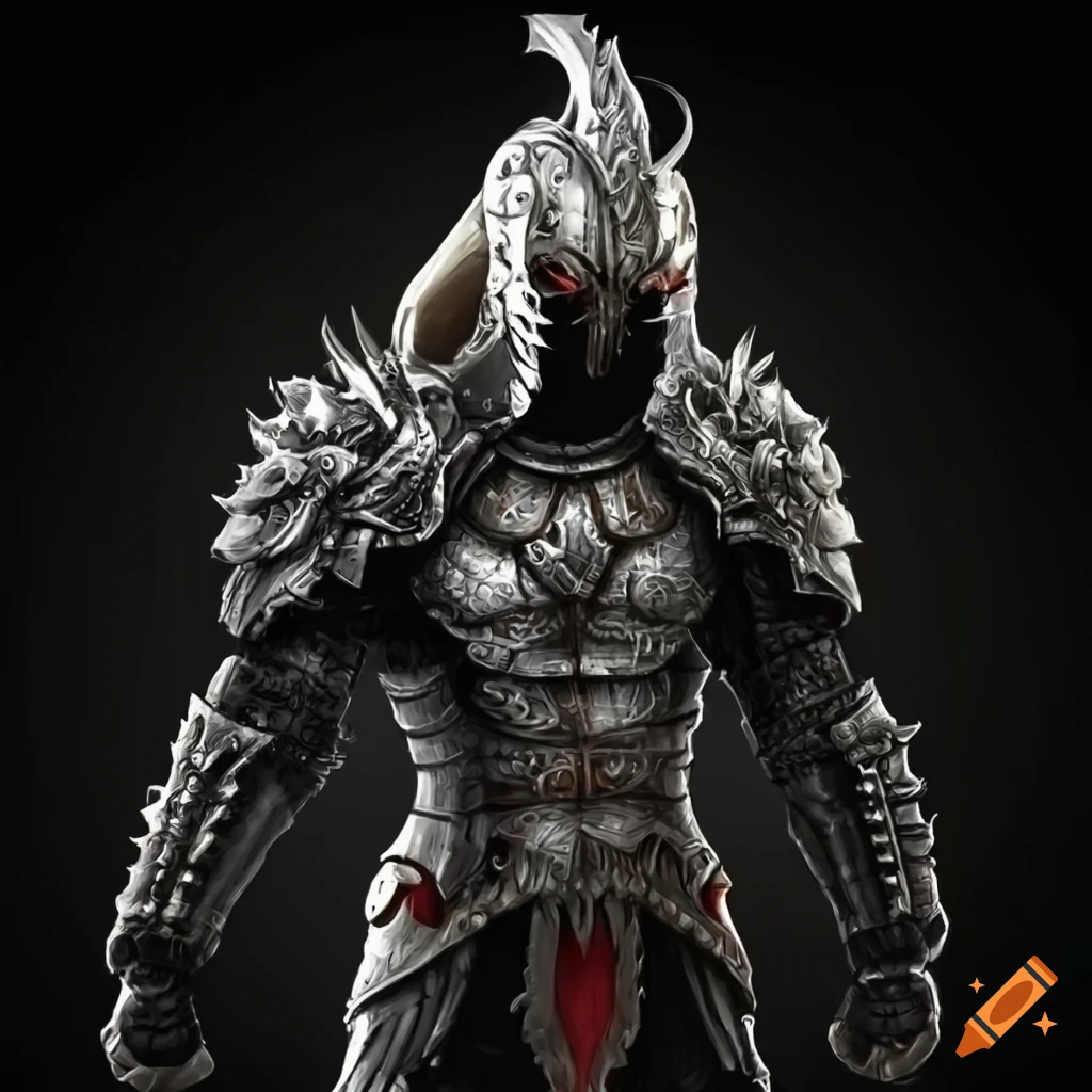 A mighty warrior adorned in white and black dragon armor and helmet