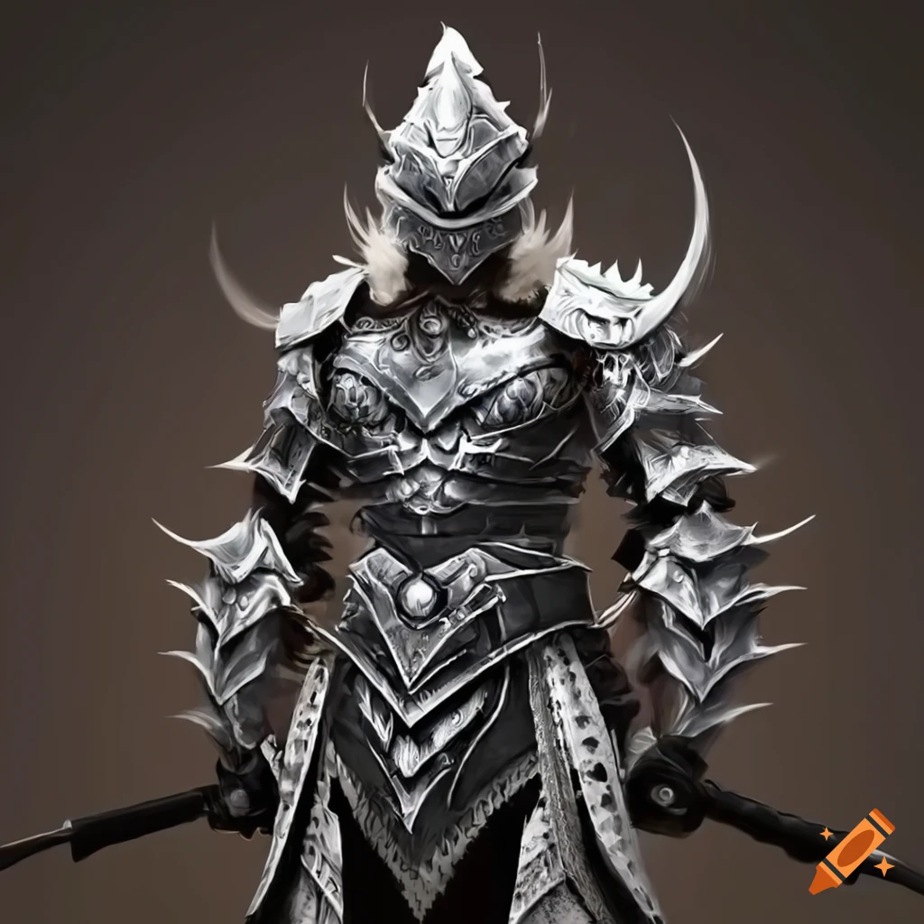 A mighty warrior adorned in white and black dragon armor and helmet