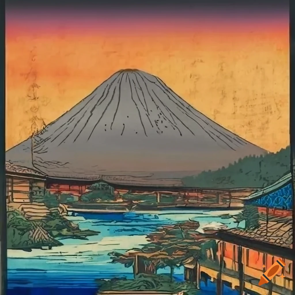 A serene japanese scenery with forrest and wooden japanese buildings on ...