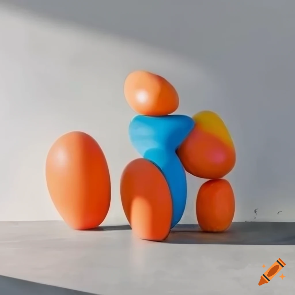 Vibrant abstract blobs sculpture inspired by Miro, made of colorful resin big scale in a white ...