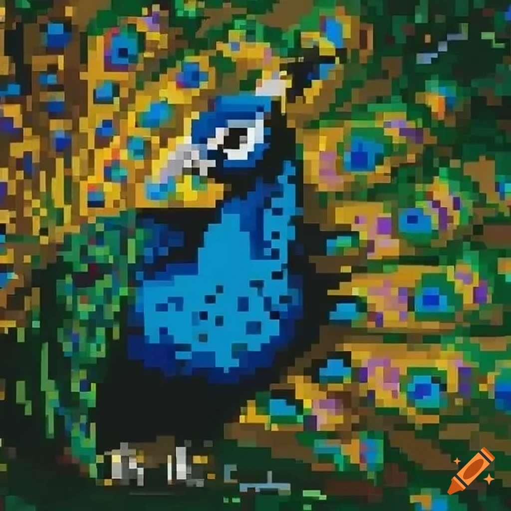 A peacock, pixel art, by greg rutkowski on Craiyon
