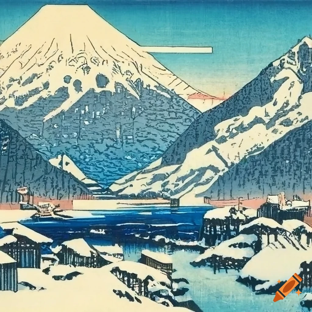 Image of swiss alps valley in the winter, japanese woodblock art print ...