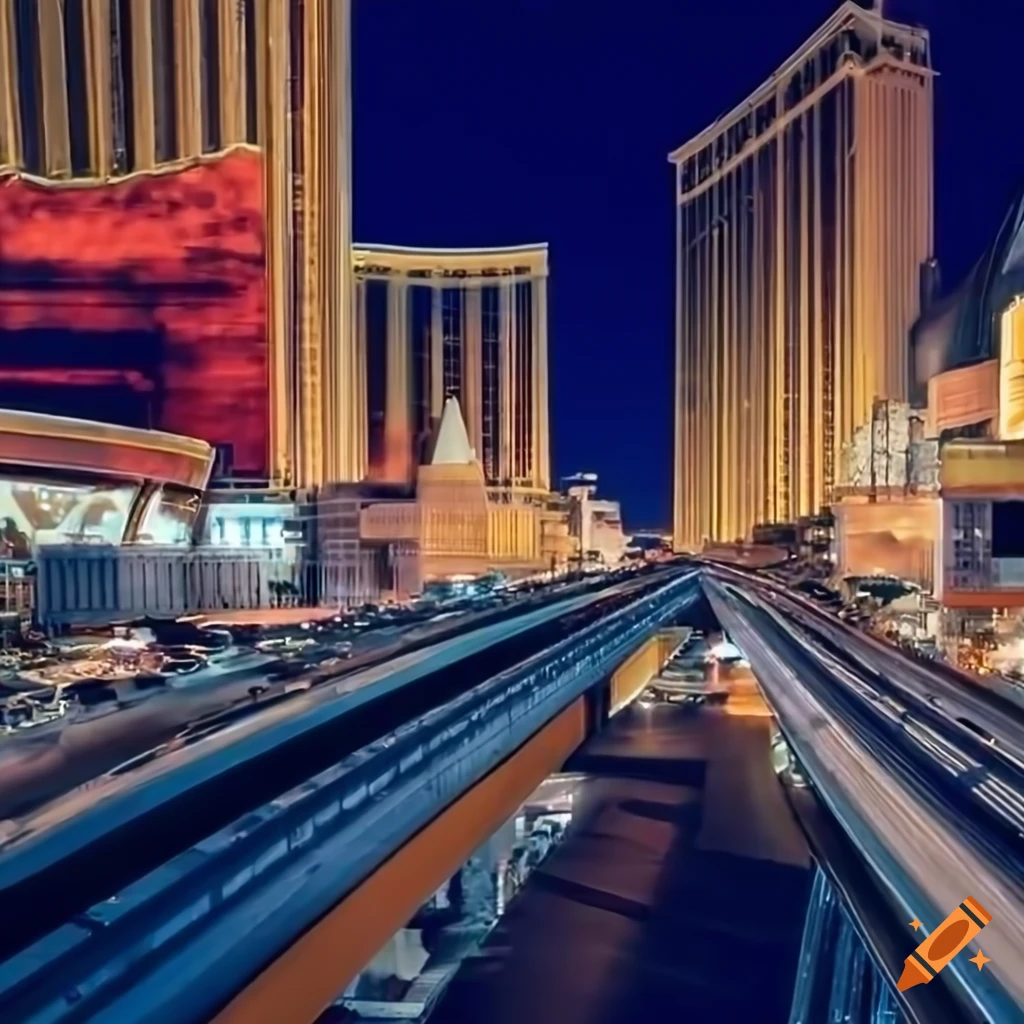 A nightly view of Las Vegas monorail. The monorail crossing a bridge ...