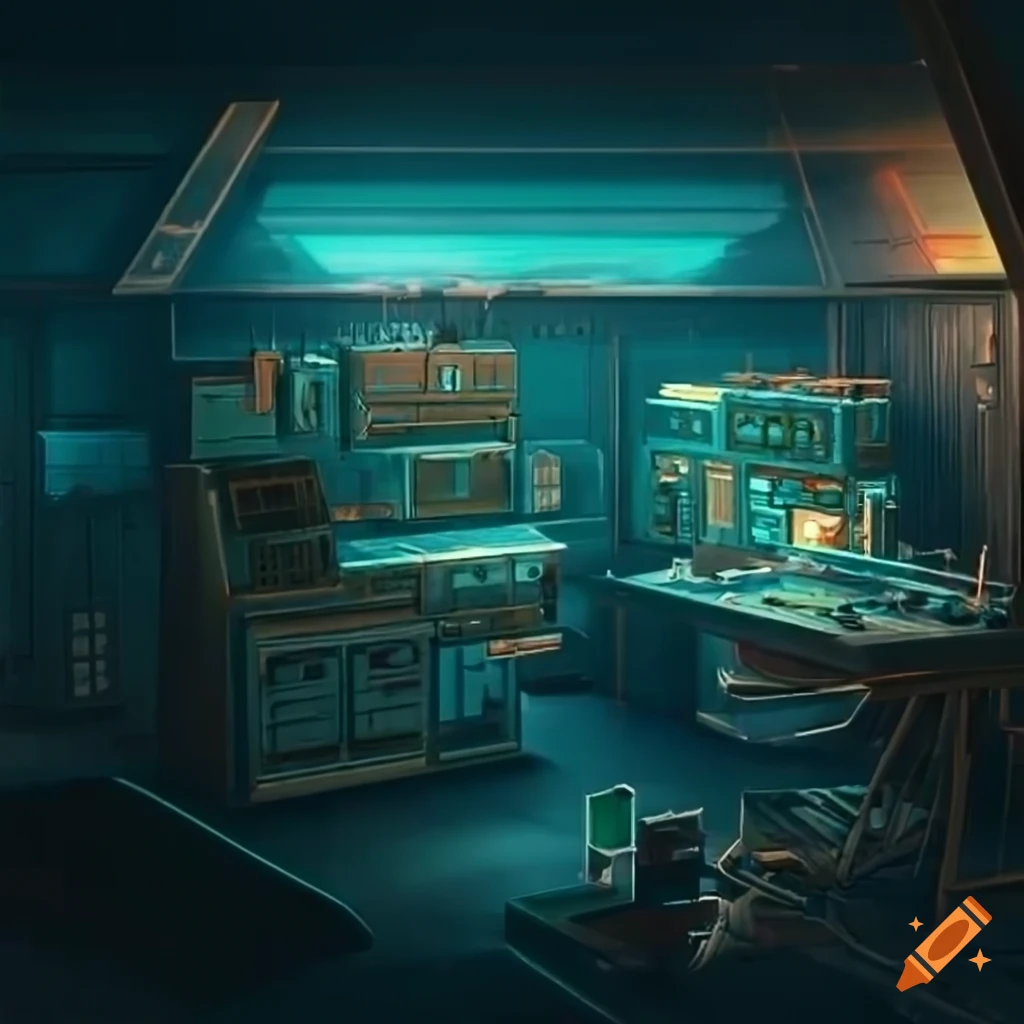 A electronic workshop. In a retro futuristic enviroment. Ultra ...