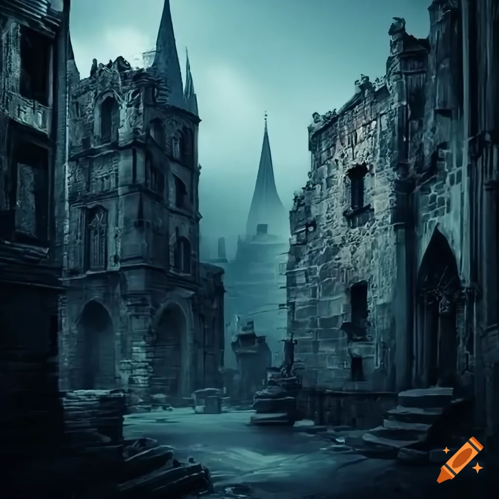 Gothic city street ruin small village on Craiyon