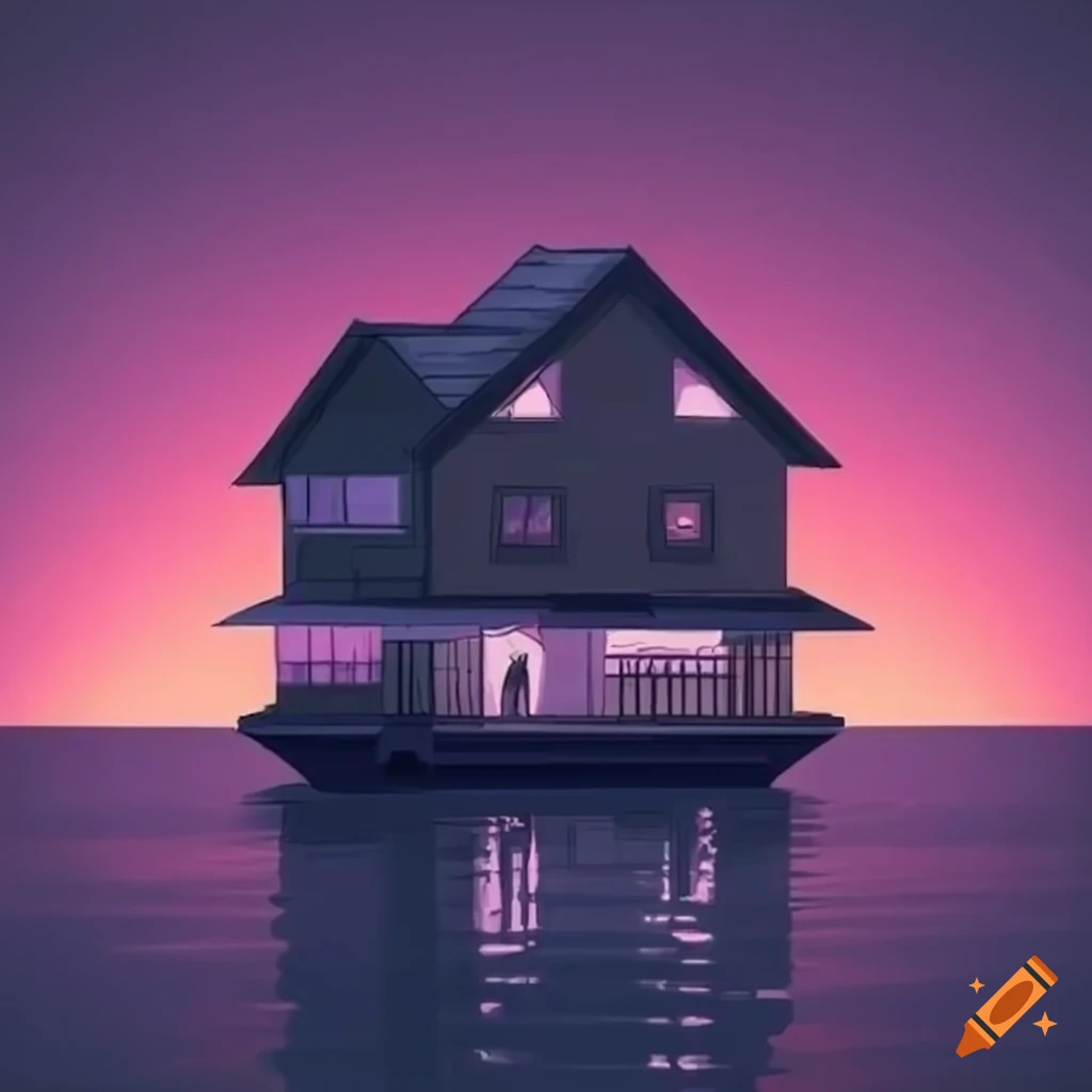 Anime art style floating suburban house in the pitch black void of ...