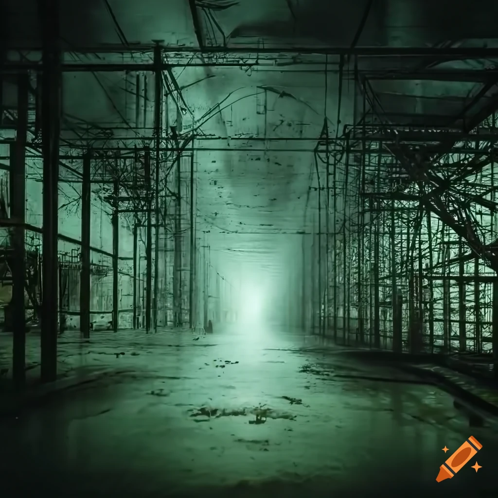 A massive warehouse with concrete floors and walls, exposed rebar, dim ...