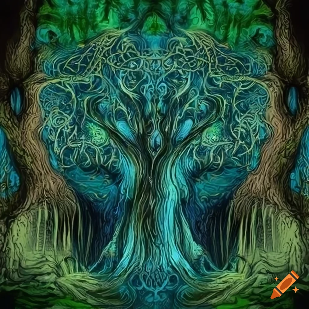 Lightly colored sketch of a celtic fantasy mystical tree in an ancient ...