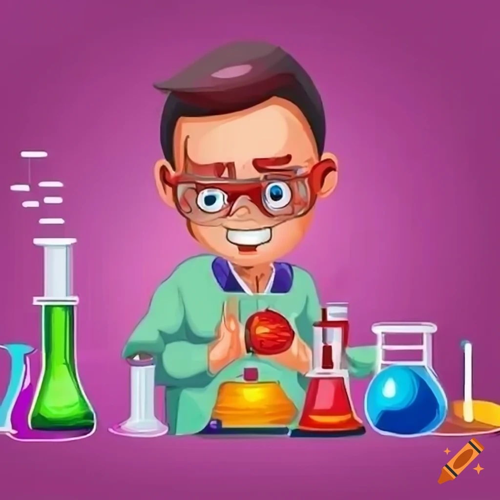 Cartoon man playing with a chemistry set and science apparatus
