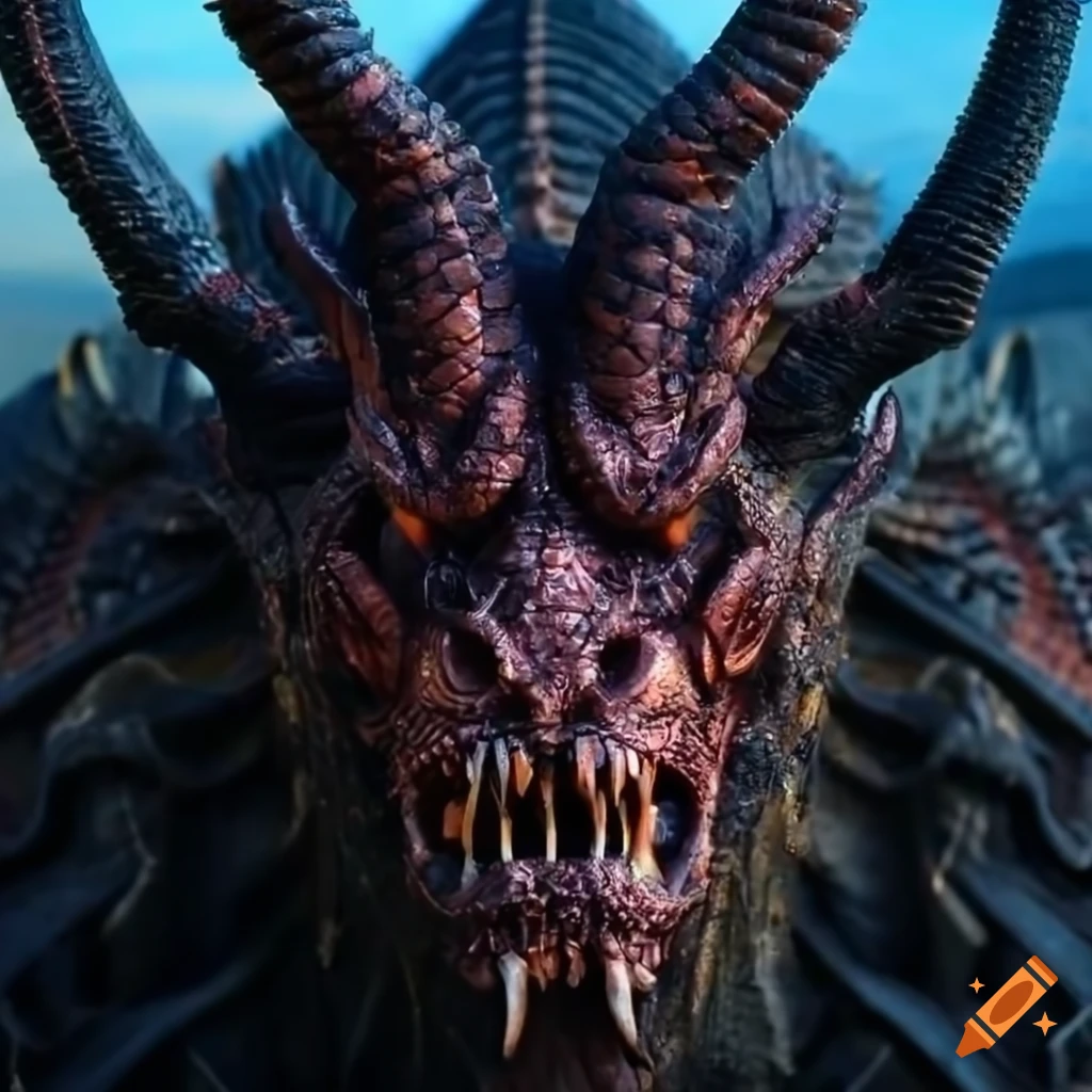 Face of a majestic intricate dragon with long lion baboon face ...