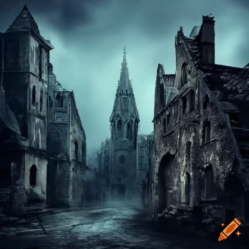 Gothic city street ruin small village on Craiyon