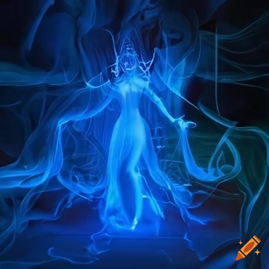 Glowing large ethereal figure, surrounded by blue light and magic on ...