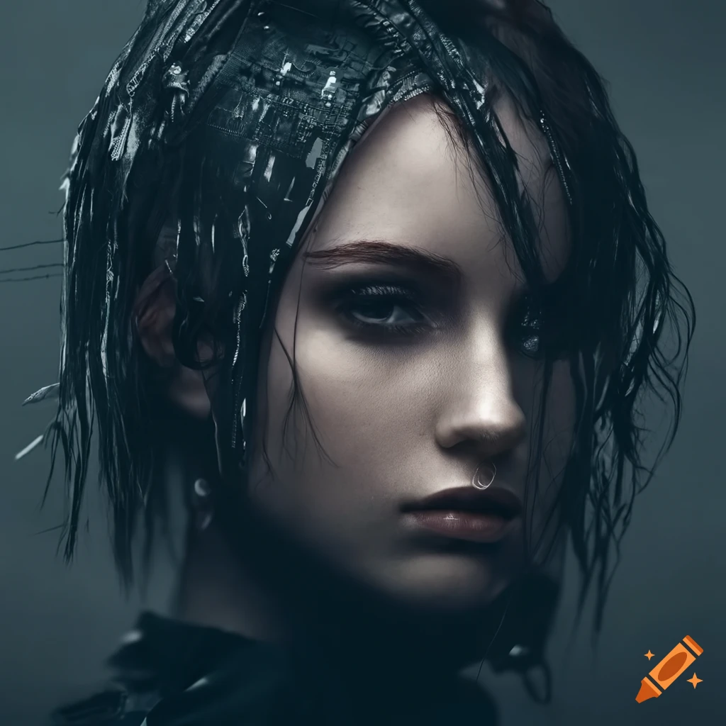 Full shot of a dystopian style beautiful young, thin, fit, woman, wet ...