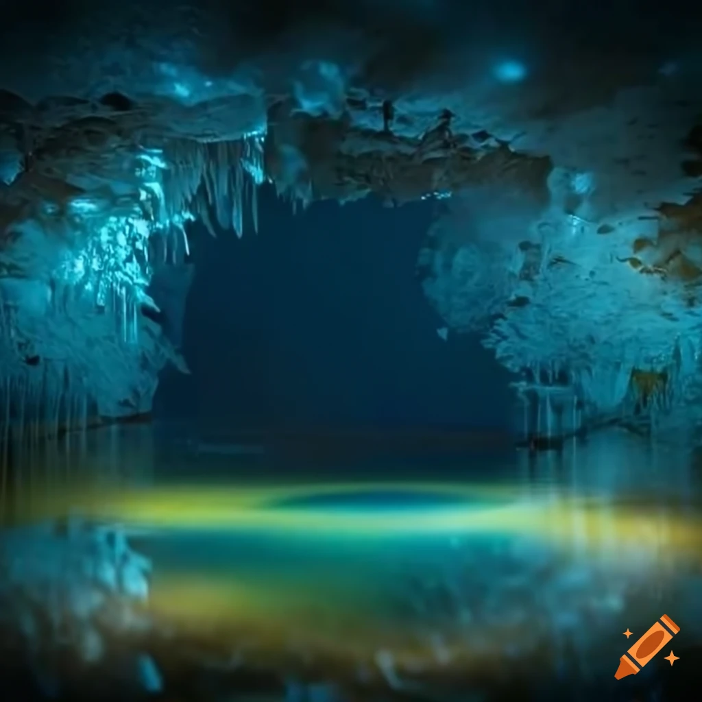 Underground cavern with a pond on Craiyon