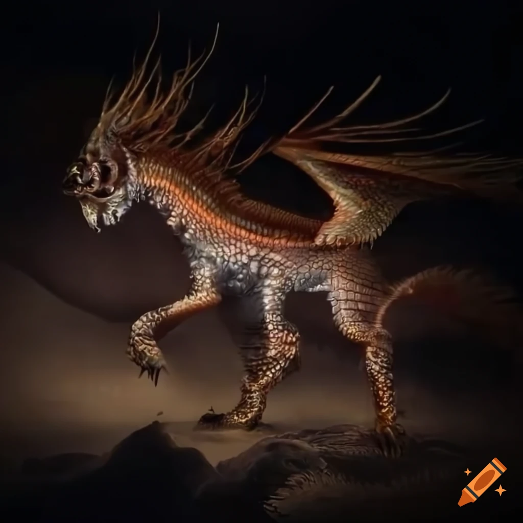 A beautiful mytical kirin creature with shiny scaly skin, in a mountain ...
