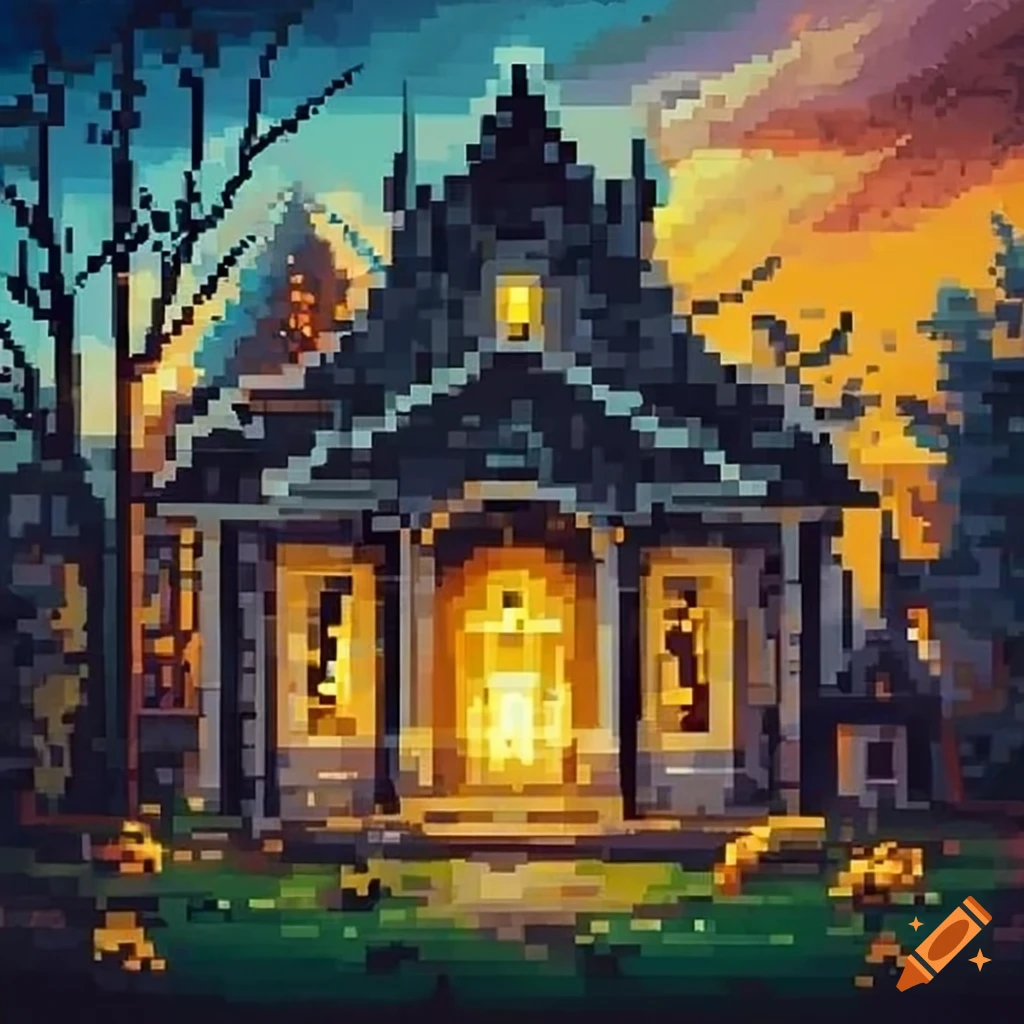 A house of witches, haunted, sinister, pixel art, golden hour, by greg ...