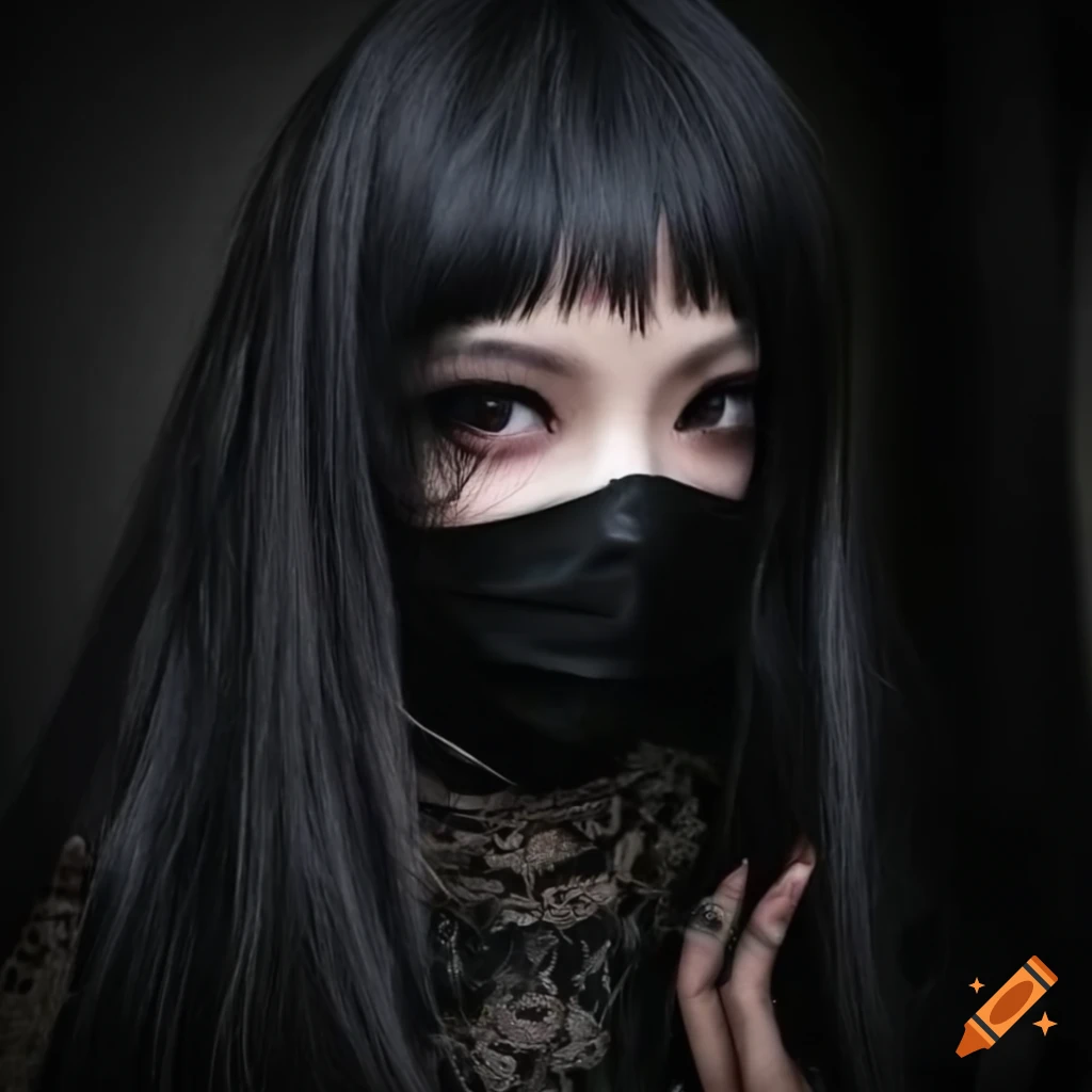A gothic style japanese girl wearing a black face mask on Craiyon