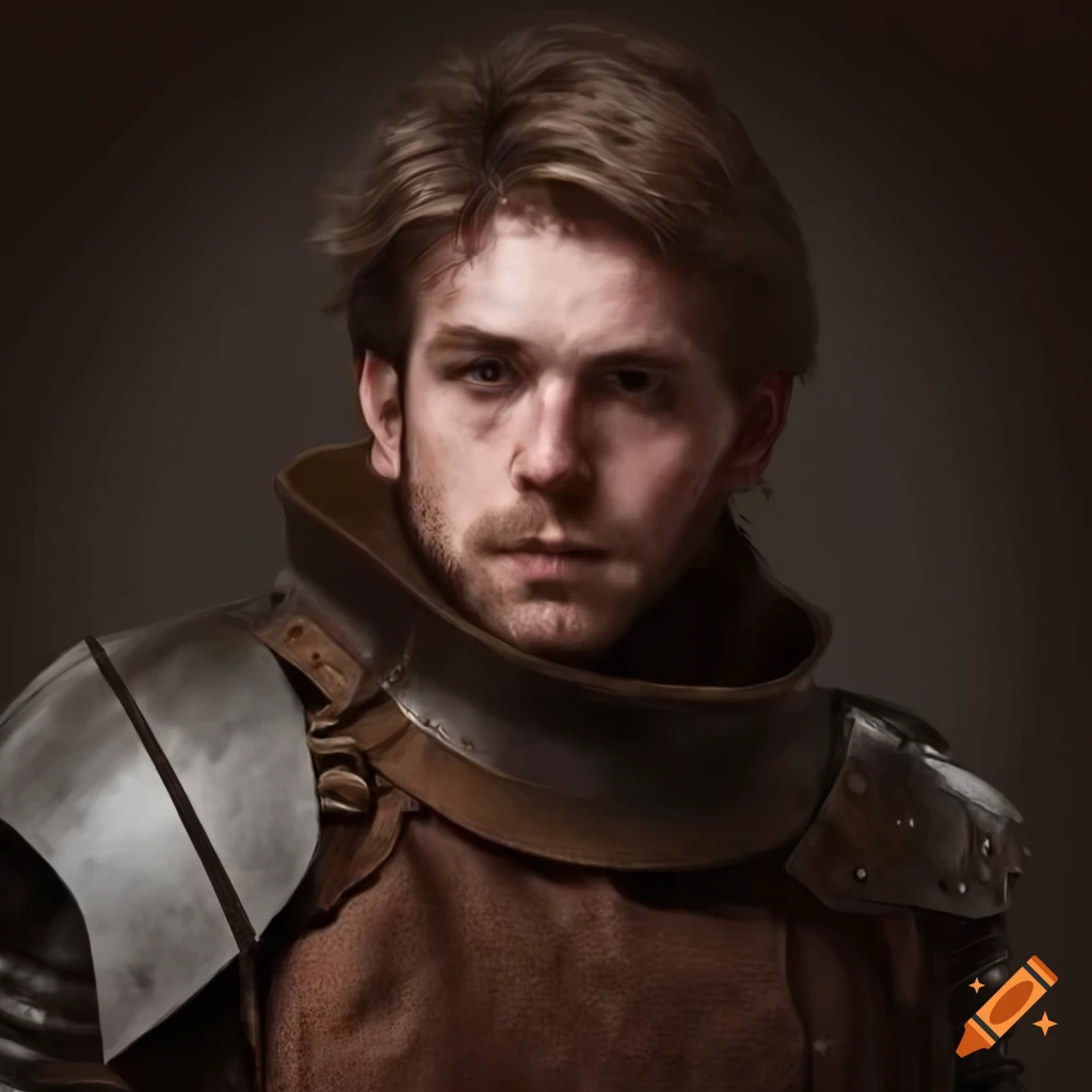 A medieval male fighter wearing leather armor with dark brown shaggy ...