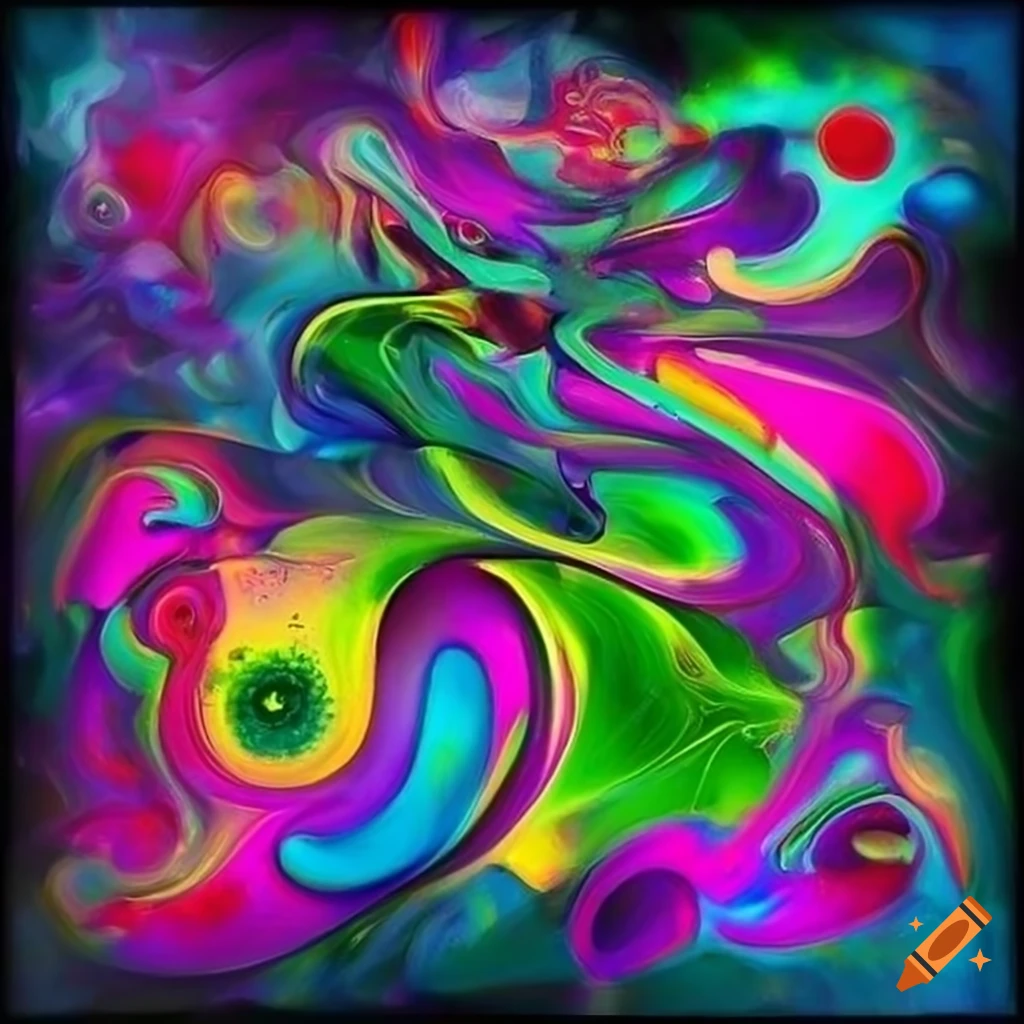 Vibrant abstract art with fantastical creatures and vibrant colors on ...