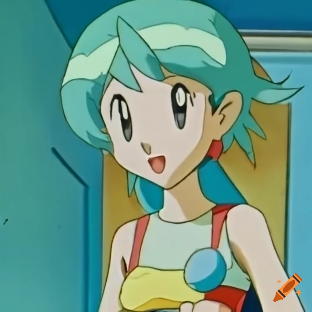 Pokemon trainer Lyra anime style 1990's teal hair pigtails on Craiyon