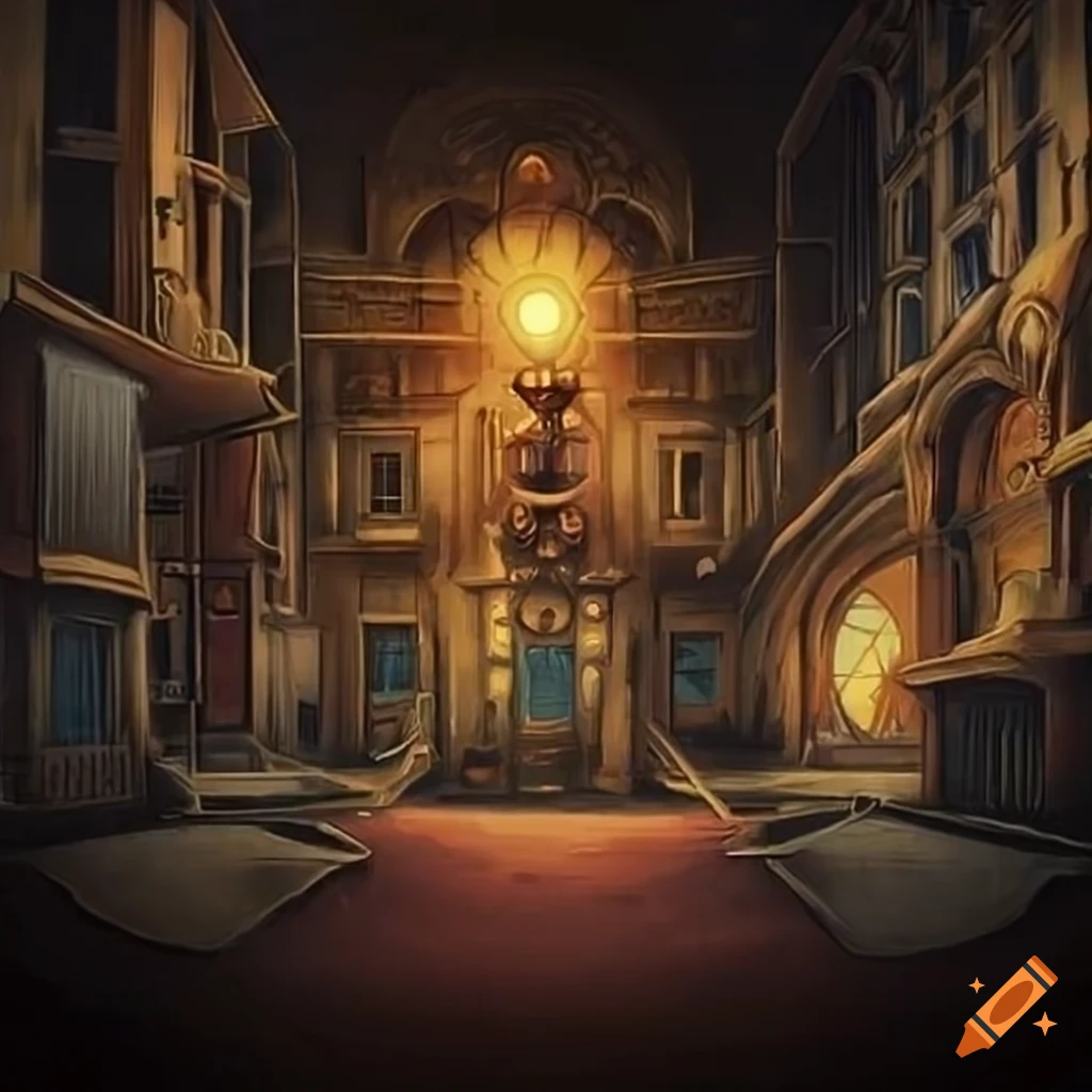 Surrealist city baroque steampunk cartoon surrealistic creasy building ...
