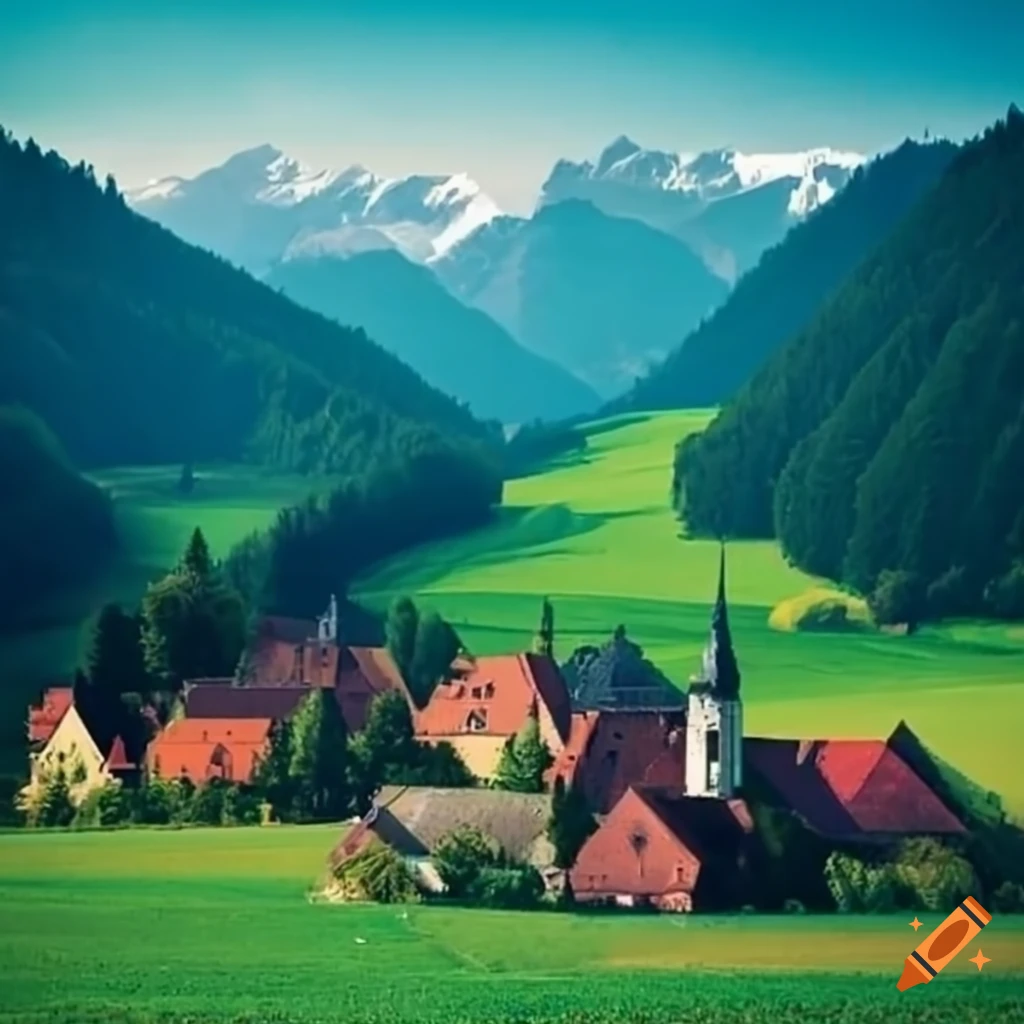 [Opening shot: A picturesque German countryside, with the Alps in the ...