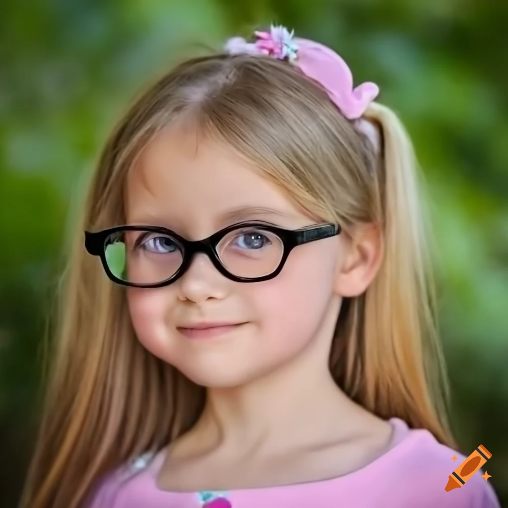A nearsighted 7-year-old girl with fair skin, straight and long blonde hair, tiny slanted eyes ...