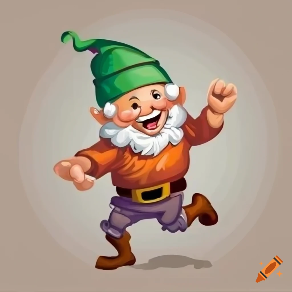 Cartoon image of a cheerful and playful dwarf with a cap dancing