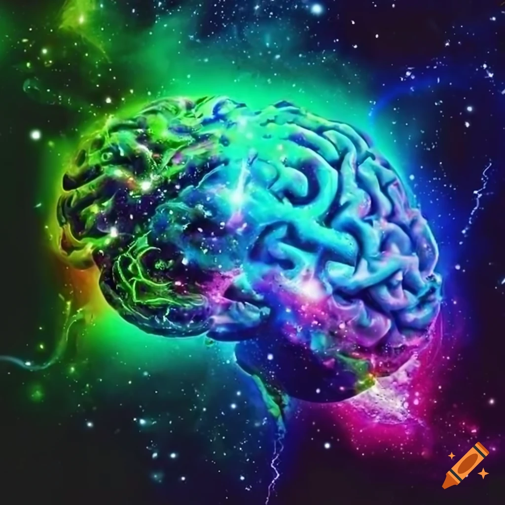 Galaxy brain with blue green and pink lightning