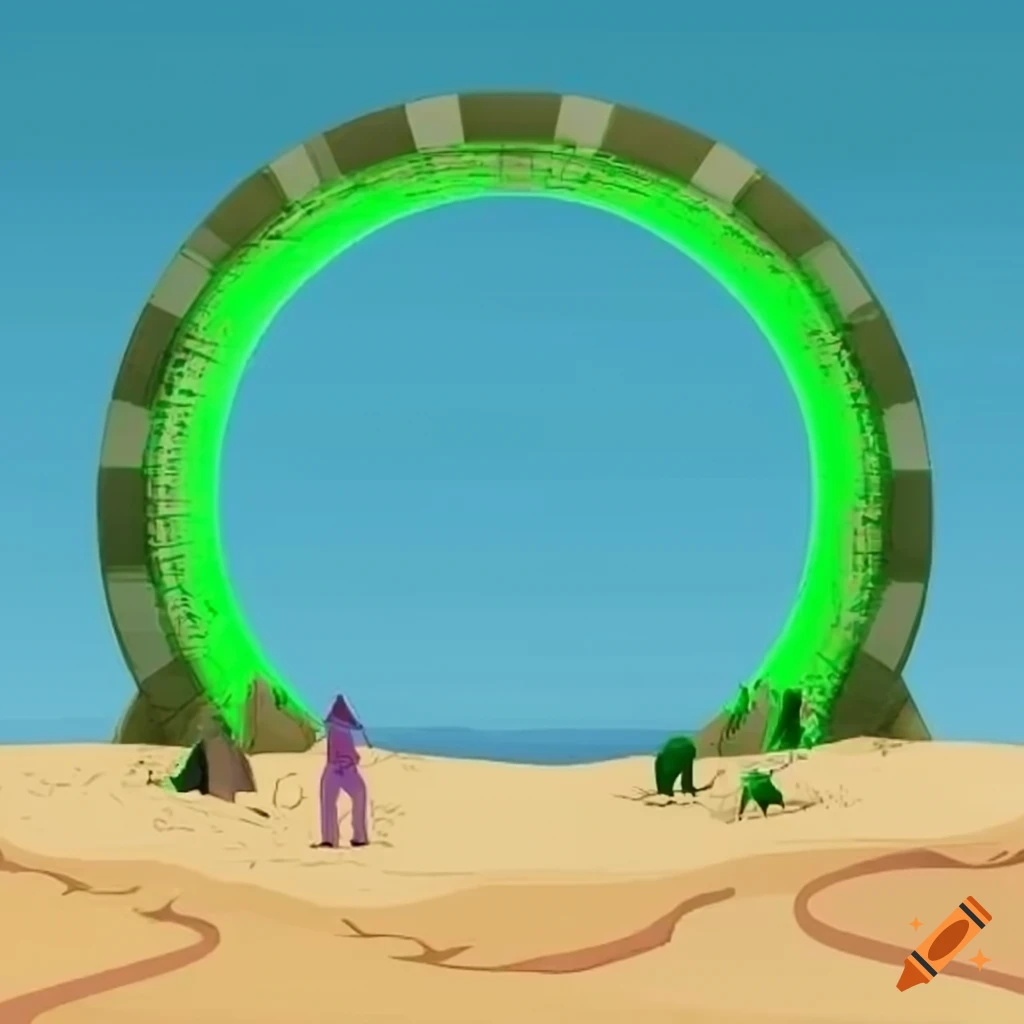 A green colored stargate standing in the middle of a beach with a ...