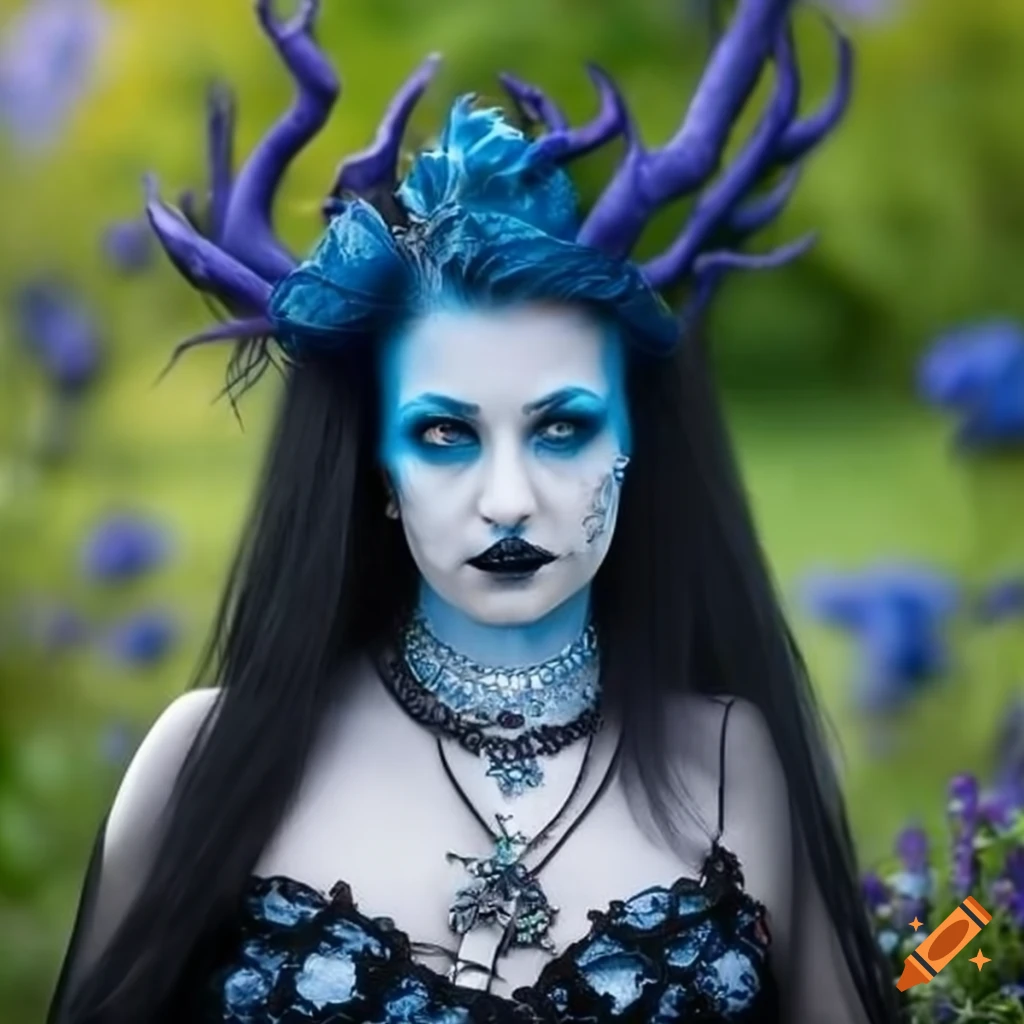 Pretty blue dragon goth woman in a flower garden
