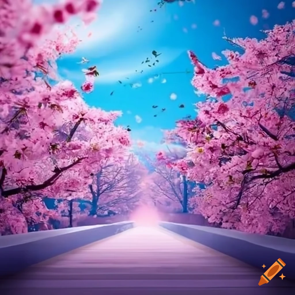 Peaceful scenery with blooming cherry blossom trees